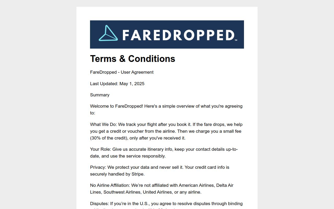 FareDropped Terms and Conditions